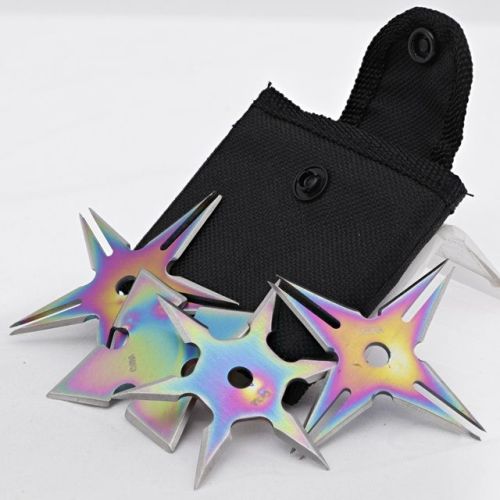 Stainless Steel 4 Piece Rainbow Ninja Throwing Stars Set with Nylon Pouch
